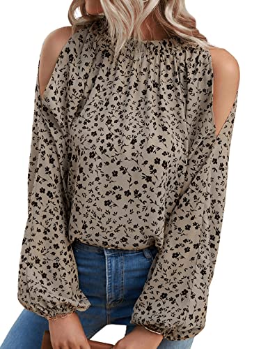 Verdusa Women's Cold Shoulder Bishop Sleeve Floral Print Blouse Shirt Top Khaki L