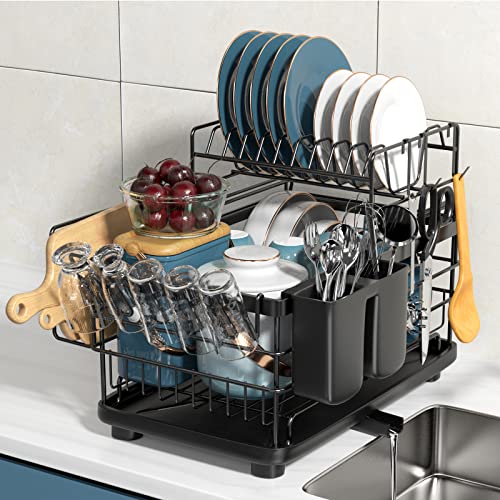 Aonee Dish Drying Rack, 2 Tier Dish Rack with Drainboard, Cutlery Holder, Cutting-Board Holder, Cup Holder and 3 Hooks, Large Dish Racks for Kitchen Counter, Rust-Proof Dish Drainer, Black