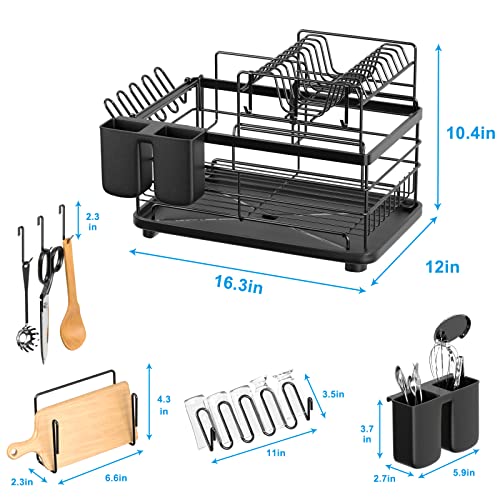 Aonee Dish Drying Rack, 2 Tier Dish Rack with Drainboard, Cutlery Holder, Cutting-Board Holder, Cup Holder and 3 Hooks, Large Dish Racks for Kitchen Counter, Rust-Proof Dish Drainer, Black