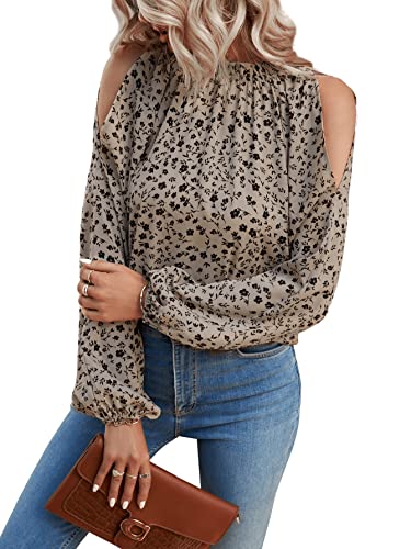 Verdusa Women's Cold Shoulder Bishop Sleeve Floral Print Blouse Shirt Top Khaki L