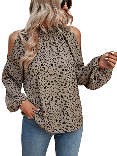 Verdusa Women's Cold Shoulder Bishop Sleeve Floral Print Blouse Shirt Top Khaki L