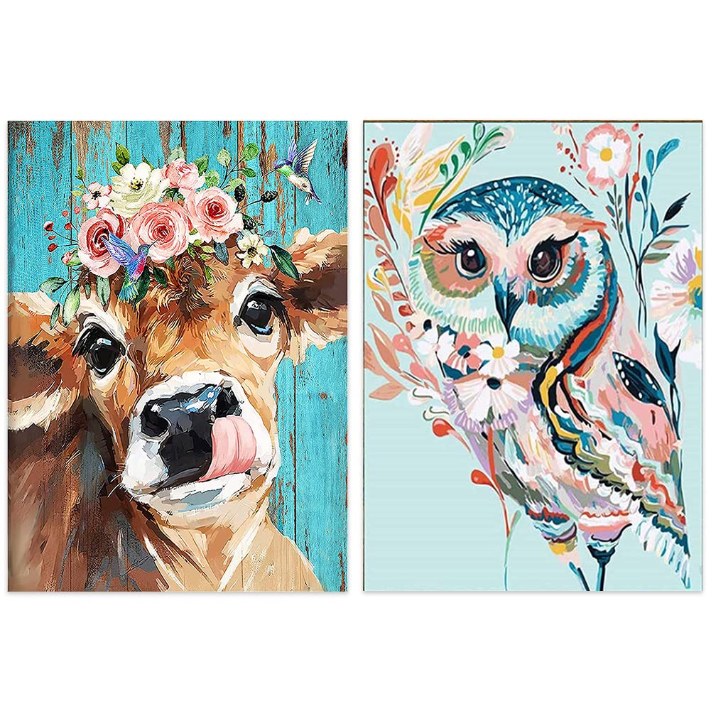 2-Piece Diamond Painting Kitsfor Adults, 5D DlYFull Drill Round Art Gems Owland Cow Diamond Art Perfect for Home Wall Deco Diamond 12"x16"
