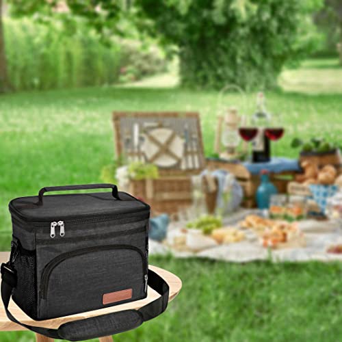 ExtraCharm Insulated Lunch Bag for Women/Men - Reusable Lunch Box for Office Picnic Hiking Beach - Leakproof 12-Can Coke Cooler Tote Bag Organizer with Adjustable Shoulder Strap for Adults - Black