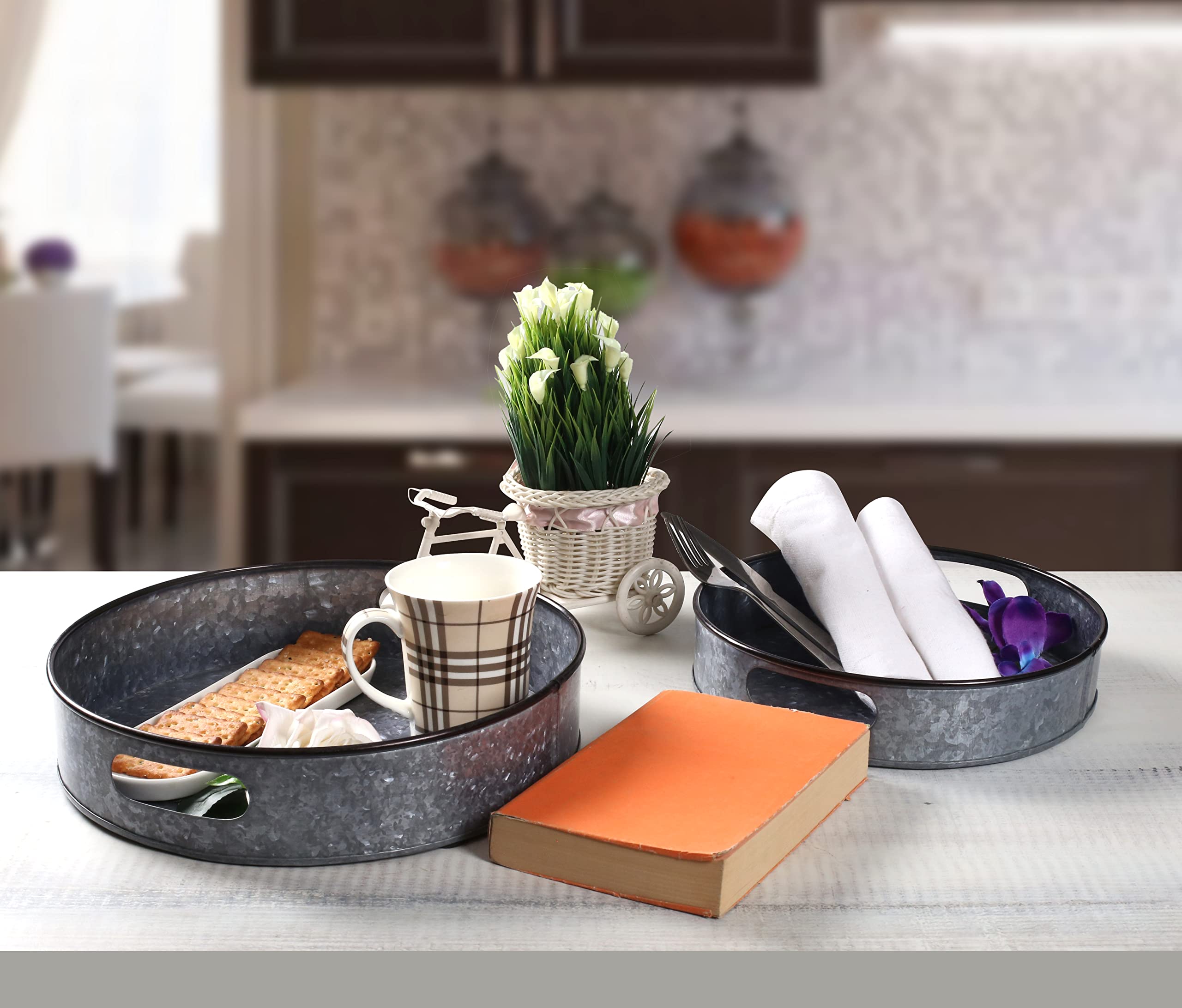 Set of 2 Countertop Galvanized Fruit Tray Baskets,Organizer Crates for Kitchen,Bathroom,Pantry,for Fruit,Vegetables,Produce,Bread and General Storage Space |Decorative Rustic Natural (12"+10" Dia)