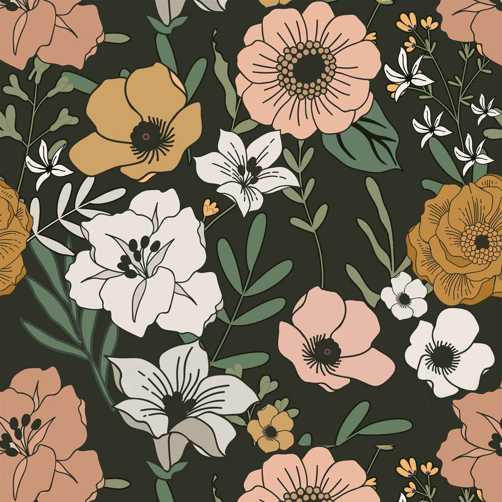 Abyssaly Vintage Large Floral Peel and Stick Wallpaper Boho, Retro Removable Flower Contact Paper for Bathroom, Dark/Sand/Green Vinyl Self Adhesive Wall Paper 17.7inchesx118inches