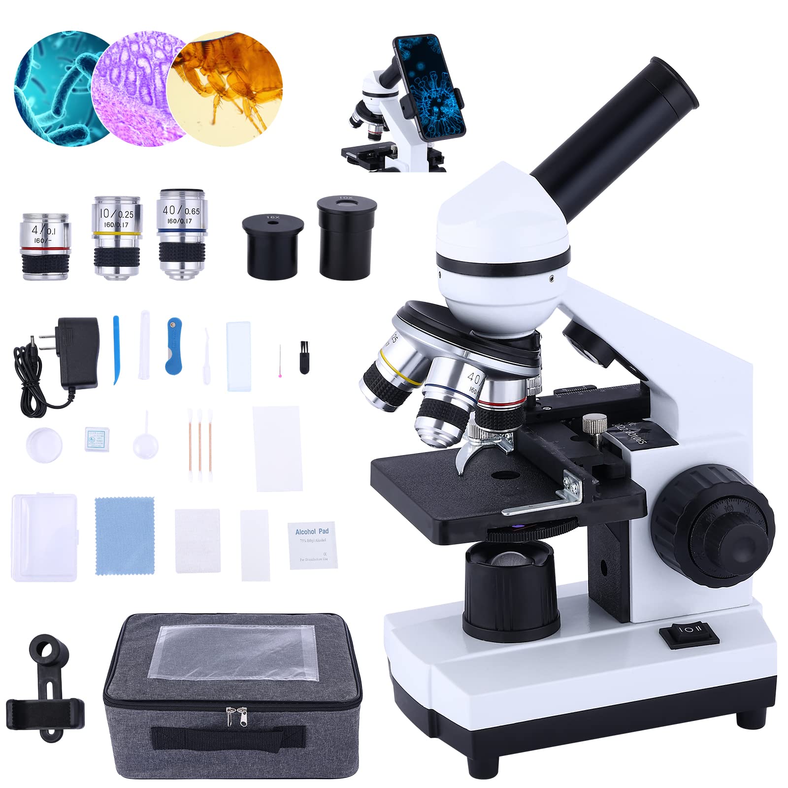 Woehrsh Compound MonocularMicroscope40X-2000X, Double LED with Illumination, with Slide Set, Telephone Adapter, Compound Microscope Suitable for Laboratory School Home Education use
