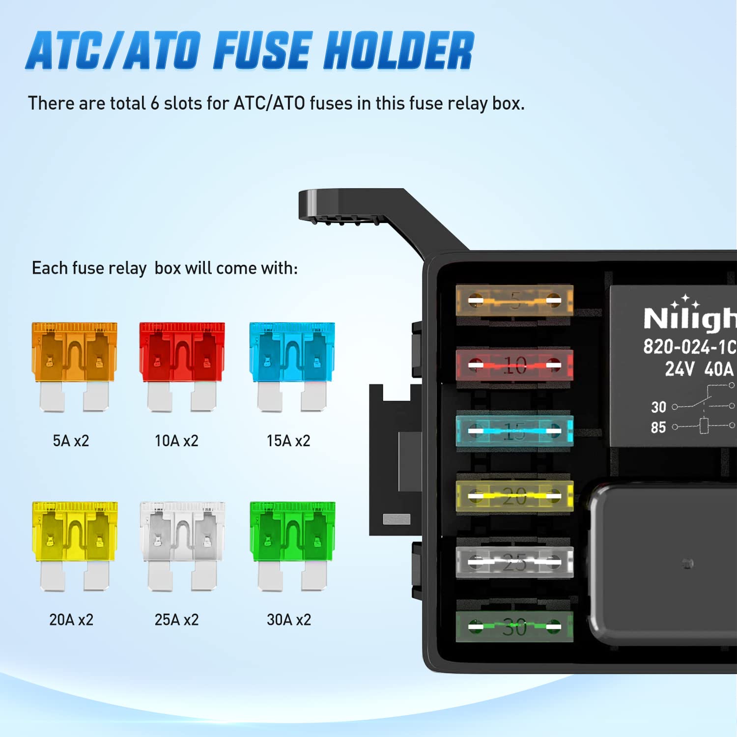 Nilight Fuse and Relay Block Box 6 Slots 24V ATC/ATO Universal Waterproof Kit for Car Truck Marine Boat