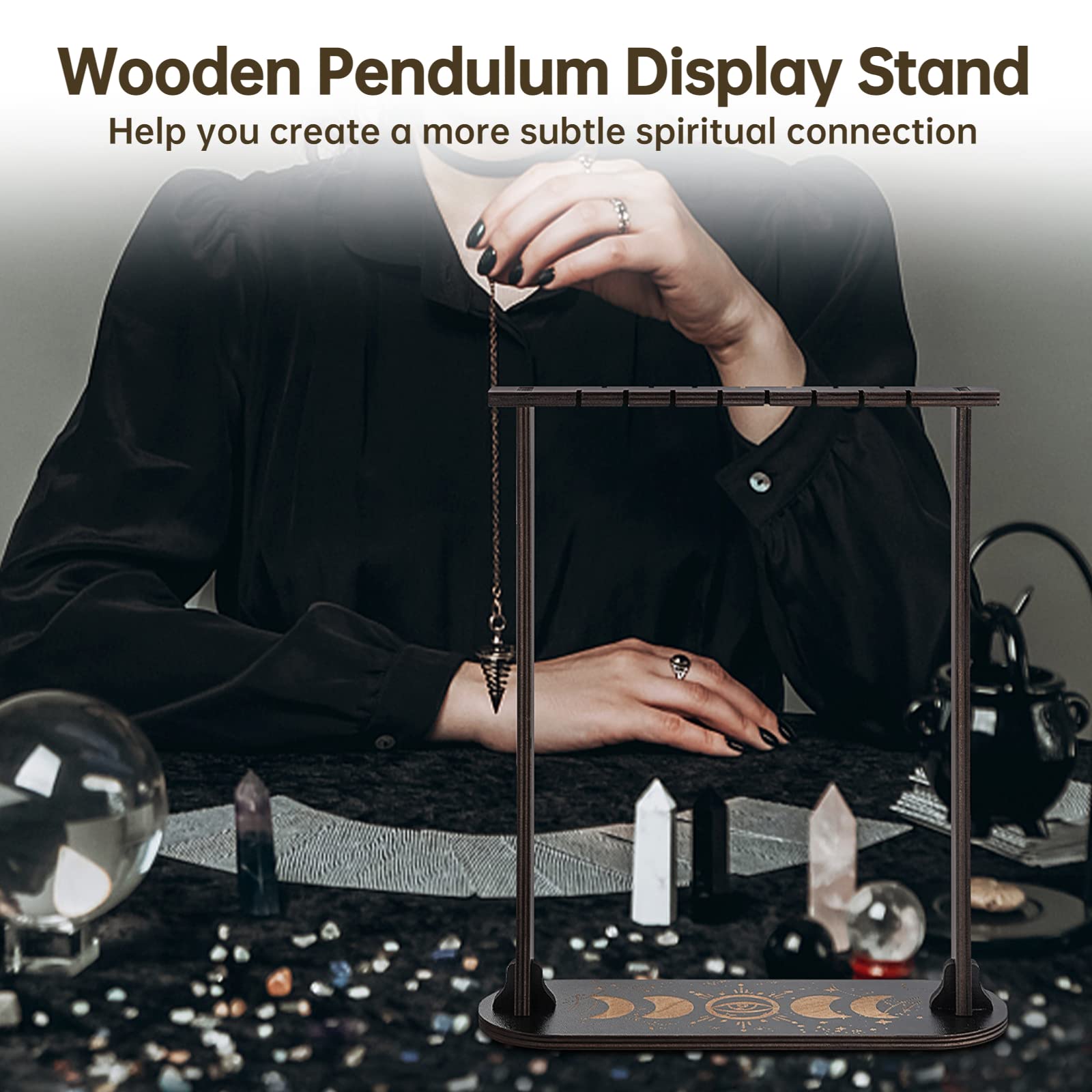 Kapmore Wooden Pendulum Display Stand, Wooden Moon Phases Crystal Holder Stand, Crystal Pendants Wood Pendulum Display Stand Ornament Holder Stand for Home Tabletop