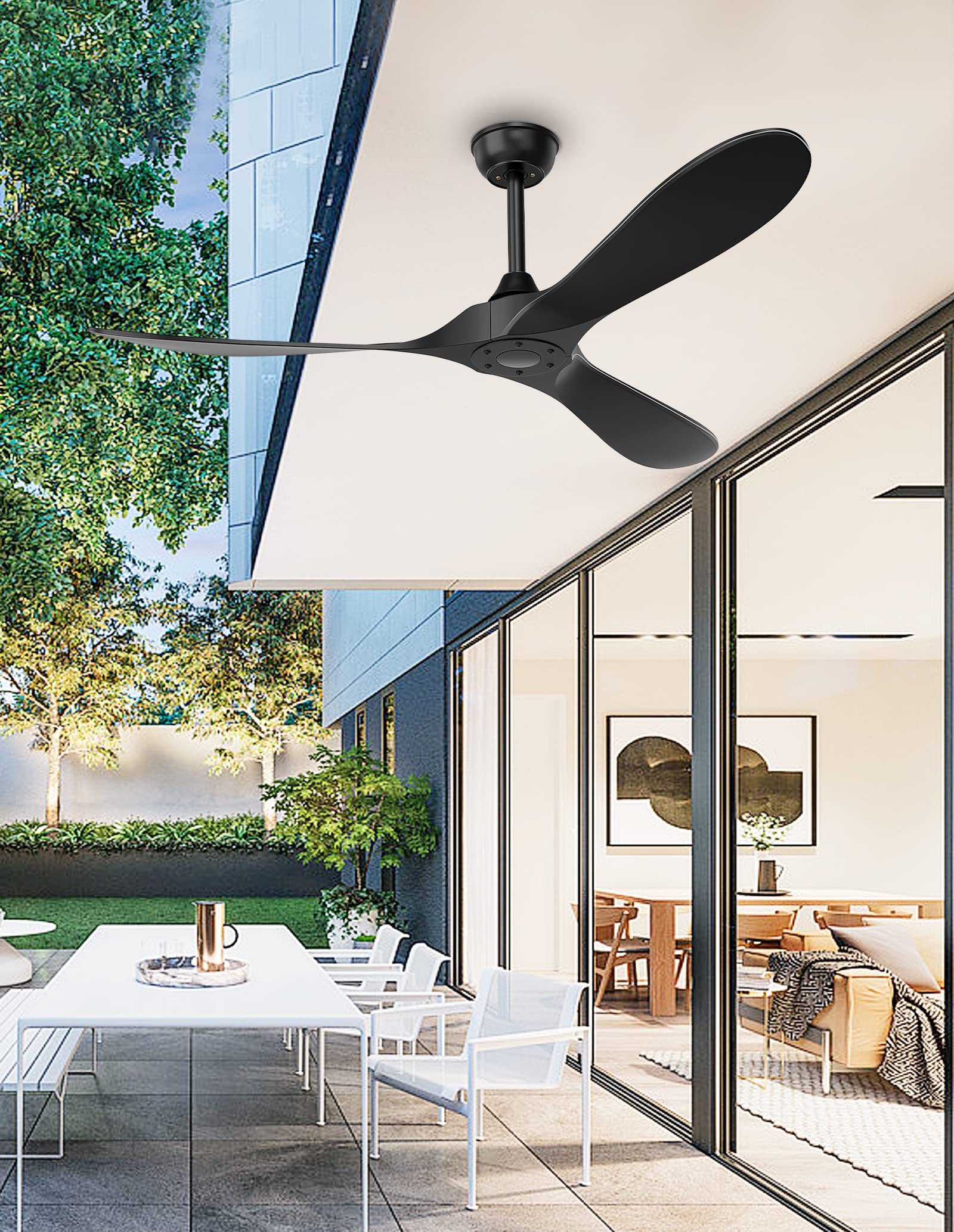 BECLOG Ceiling Fan With Remote Control,Indoor/Outdoor Ceiling Fans with Noiseless DC Motor and 3 Downrods.60inches,Ceiling Fans No Lights Plastic Fan Blade Black