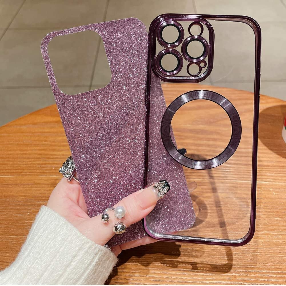 aowner Magnetic Case for iPhone 13 Pro Max Glitter Case, Luxury Plating Cute Bling with Camera Lens Protector, Compatible with MagSafe, Slim Thin for Women Girls Protective Clear Phone Case, Purple