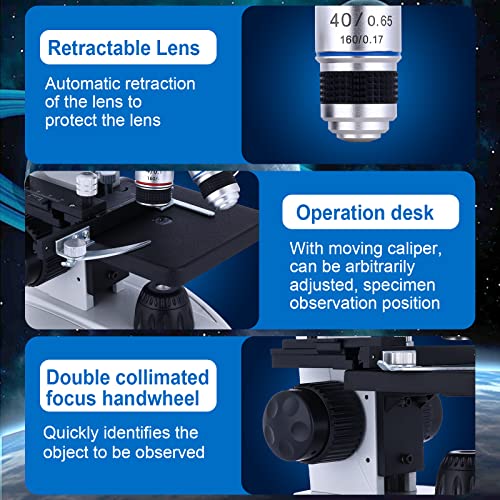 Woehrsh Microscope for Adults, 40X-2000X, Double-Layered Mechanical Load Table and LED Lighting Microscope for Adults, lab for Students and Adults Microscope