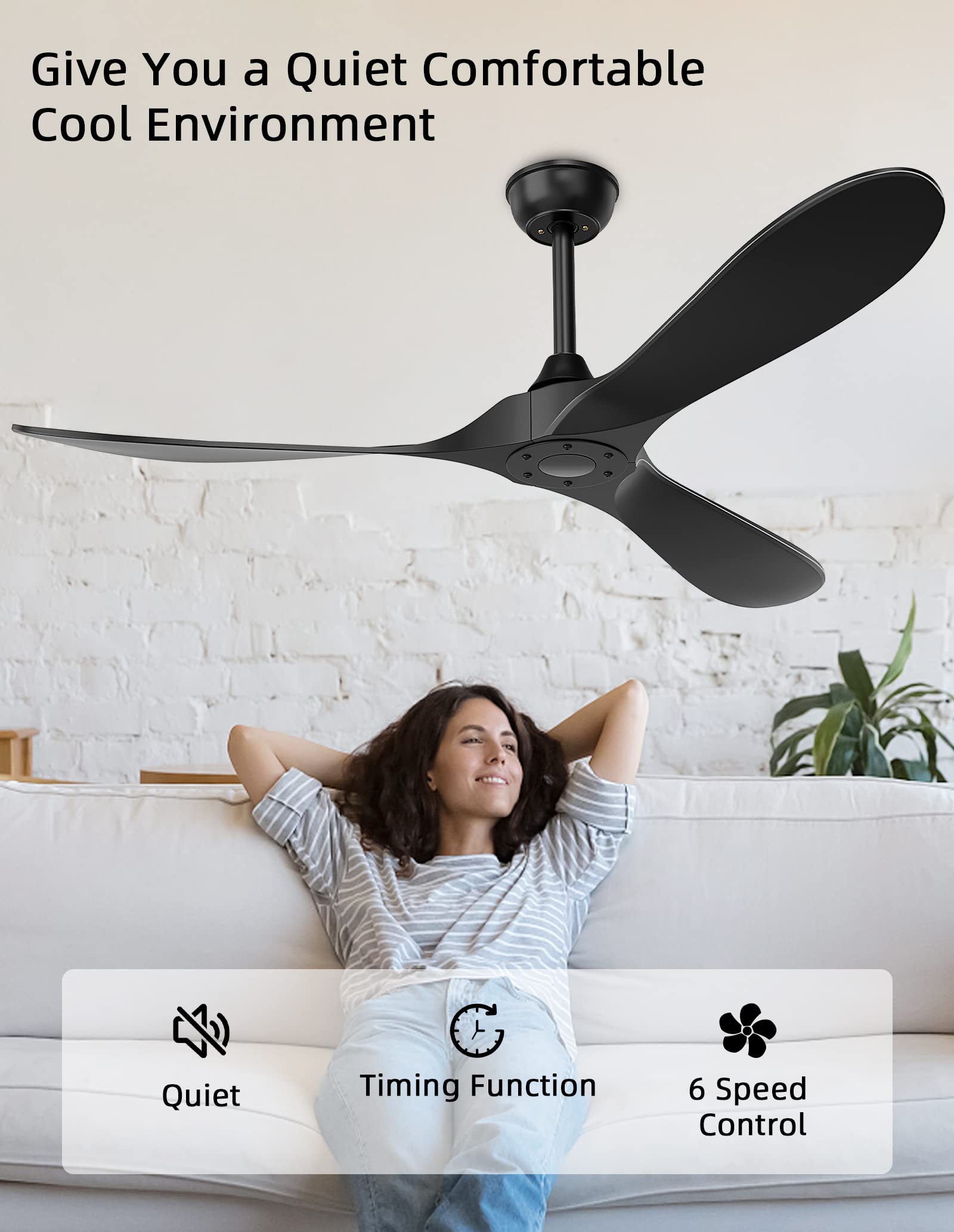 BECLOG Ceiling Fan With Remote Control,Indoor/Outdoor Ceiling Fans with Noiseless DC Motor and 3 Downrods.60inches,Ceiling Fans No Lights Plastic Fan Blade Black