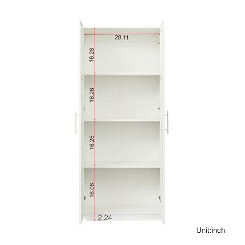 Voohek, White Wardrobe Closet with 2 Doors and Hanging Rod, Kitchen Cabinet 3 Partitions to Separate 4 Storage Spaces for Bedrooms, Dining Room, Entryway, Large