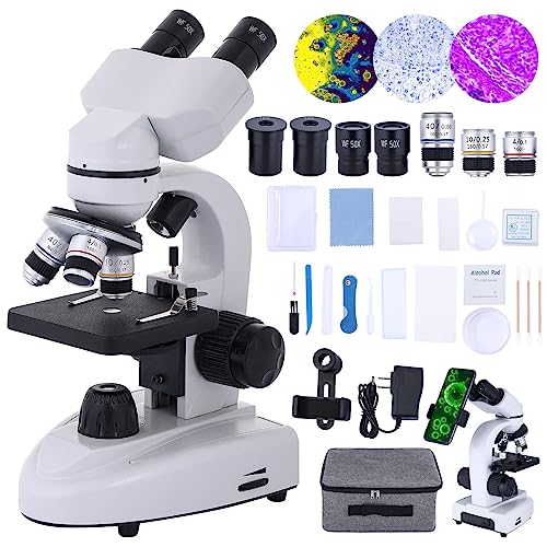 Woehrsh Microscope for Adults, 40X-2000X, Double-Layered Mechanical Load Table and LED Lighting Microscope for Adults, lab for Students and Adults Microscope