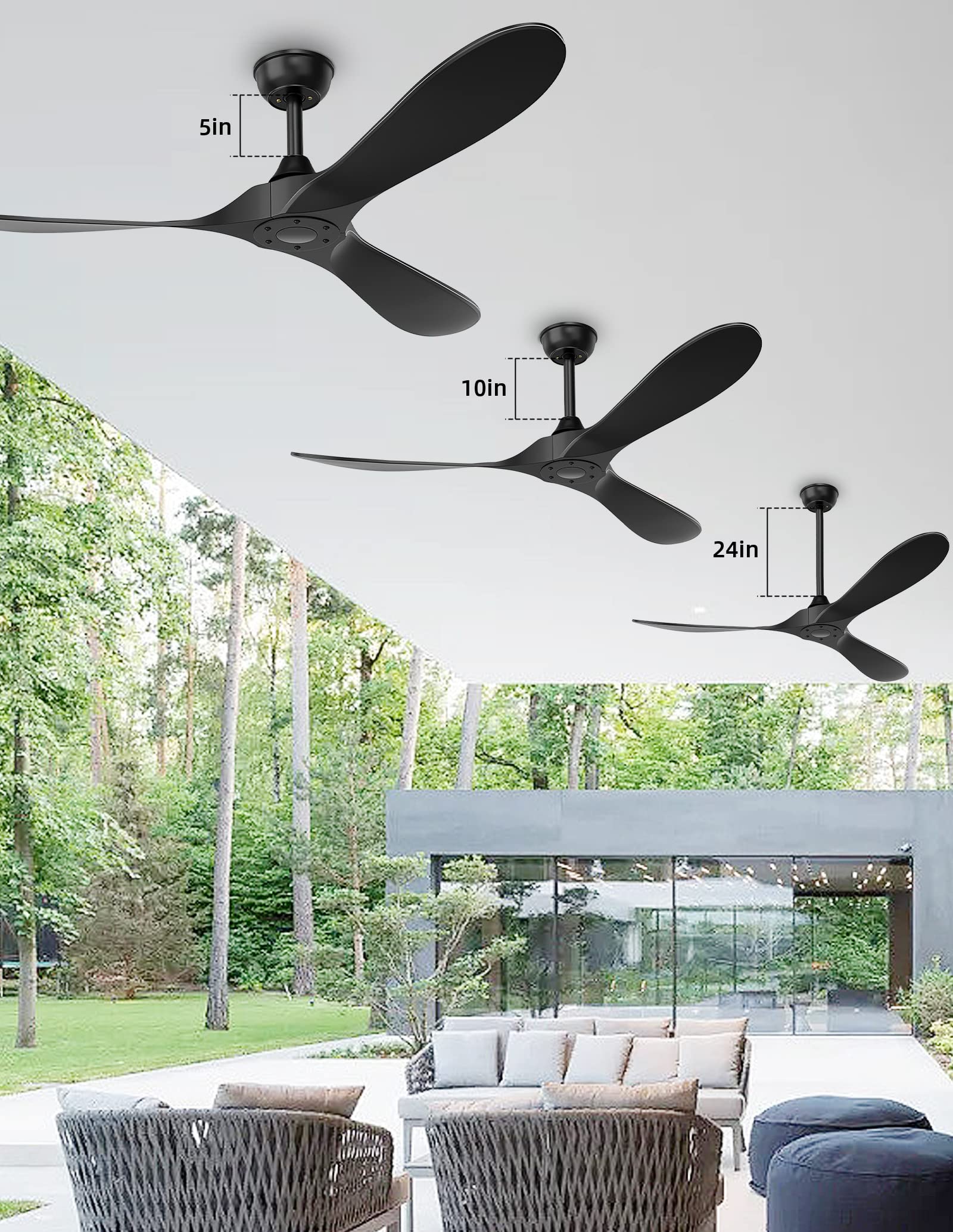 BECLOG Ceiling Fan With Remote Control,Indoor/Outdoor Ceiling Fans with Noiseless DC Motor and 3 Downrods.60inches,Ceiling Fans No Lights Plastic Fan Blade Black