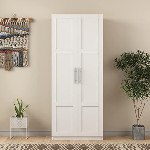 Voohek, White Wardrobe Closet with 2 Doors and Hanging Rod, Kitchen Cabinet 3 Partitions to Separate 4 Storage Spaces for Bedrooms, Dining Room, Entryway, Large