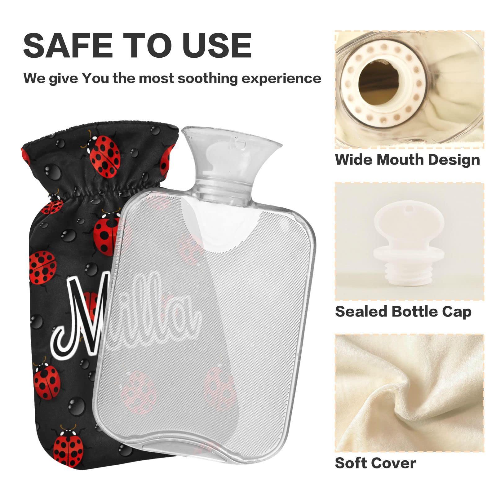 Ladybug Custom Hot Water Bottle with Cover 1L Personalized Small Hot Water Bag for Pain Relief Cramps BAP Free
