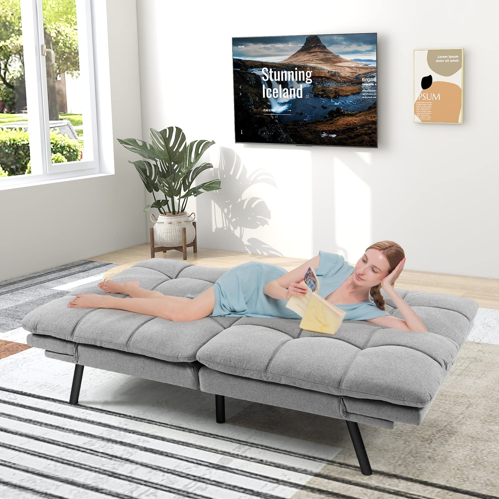 GOFLAME Convertible Sofa Bed, Memory Foam Futon Sofa Bed with Adjustable Backrest & Armrests, 6 Metal Legs, Upholstered Folding Couch Sleeper for Small Apartment, Living Room, Bedroom, Office (Grey)