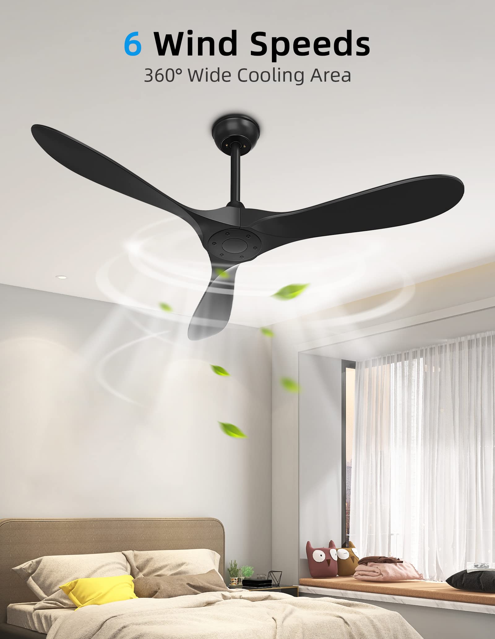 BECLOG Ceiling Fan With Remote Control,Indoor/Outdoor Ceiling Fans with Noiseless DC Motor and 3 Downrods.60inches,Ceiling Fans No Lights Plastic Fan Blade Black