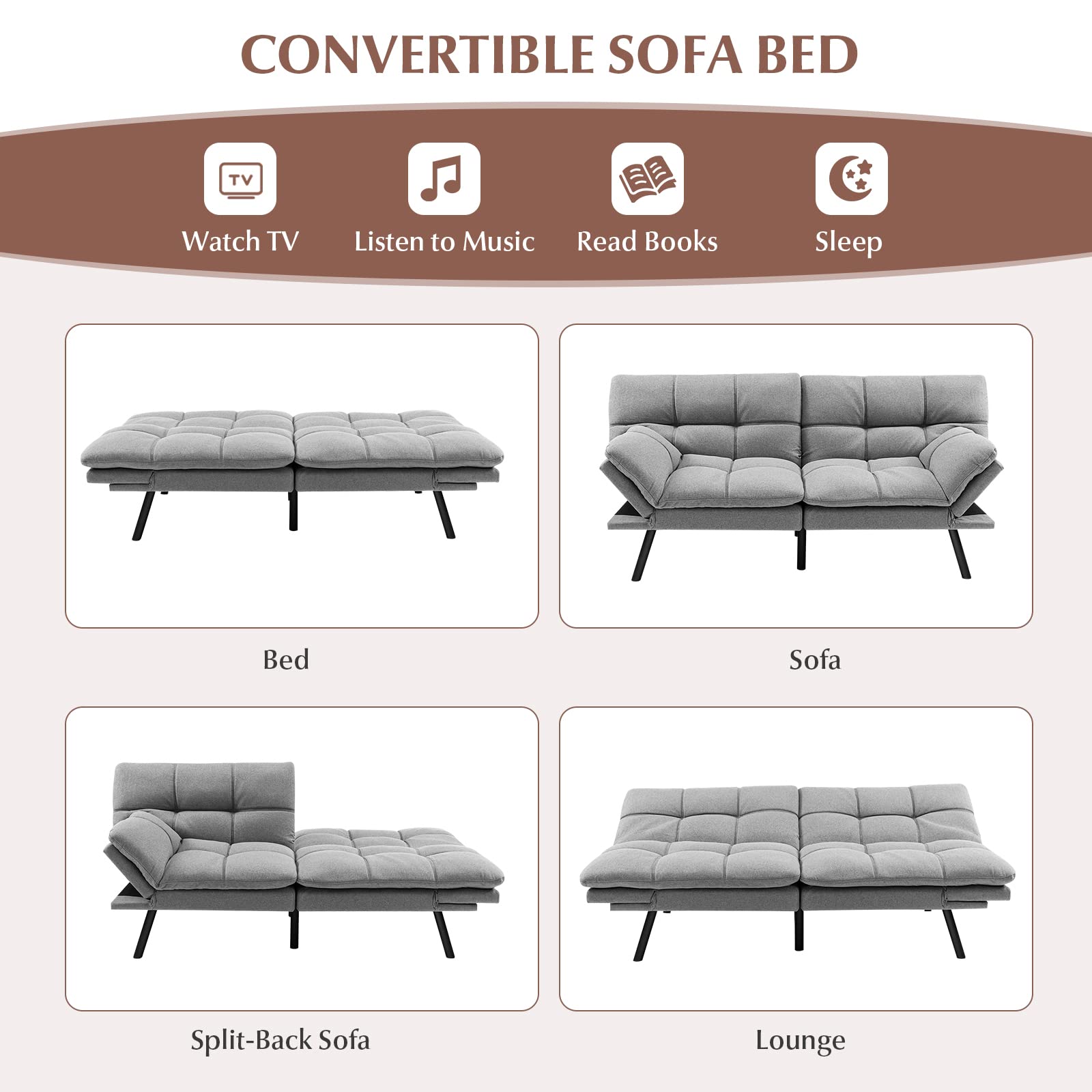 GOFLAME Convertible Sofa Bed, Memory Foam Futon Sofa Bed with Adjustable Backrest & Armrests, 6 Metal Legs, Upholstered Folding Couch Sleeper for Small Apartment, Living Room, Bedroom, Office (Grey)