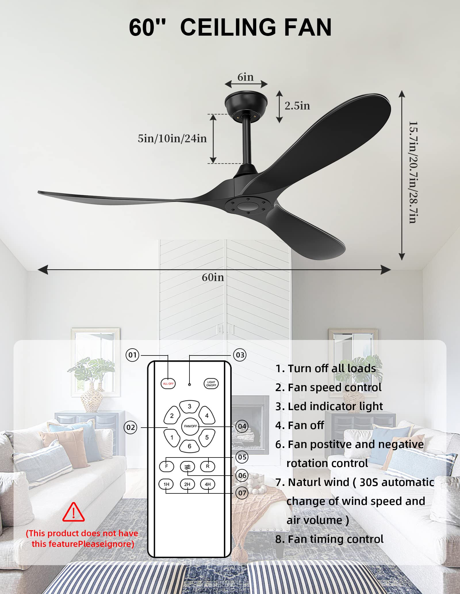 BECLOG Ceiling Fan With Remote Control,Indoor/Outdoor Ceiling Fans with Noiseless DC Motor and 3 Downrods.60inches,Ceiling Fans No Lights Plastic Fan Blade Black