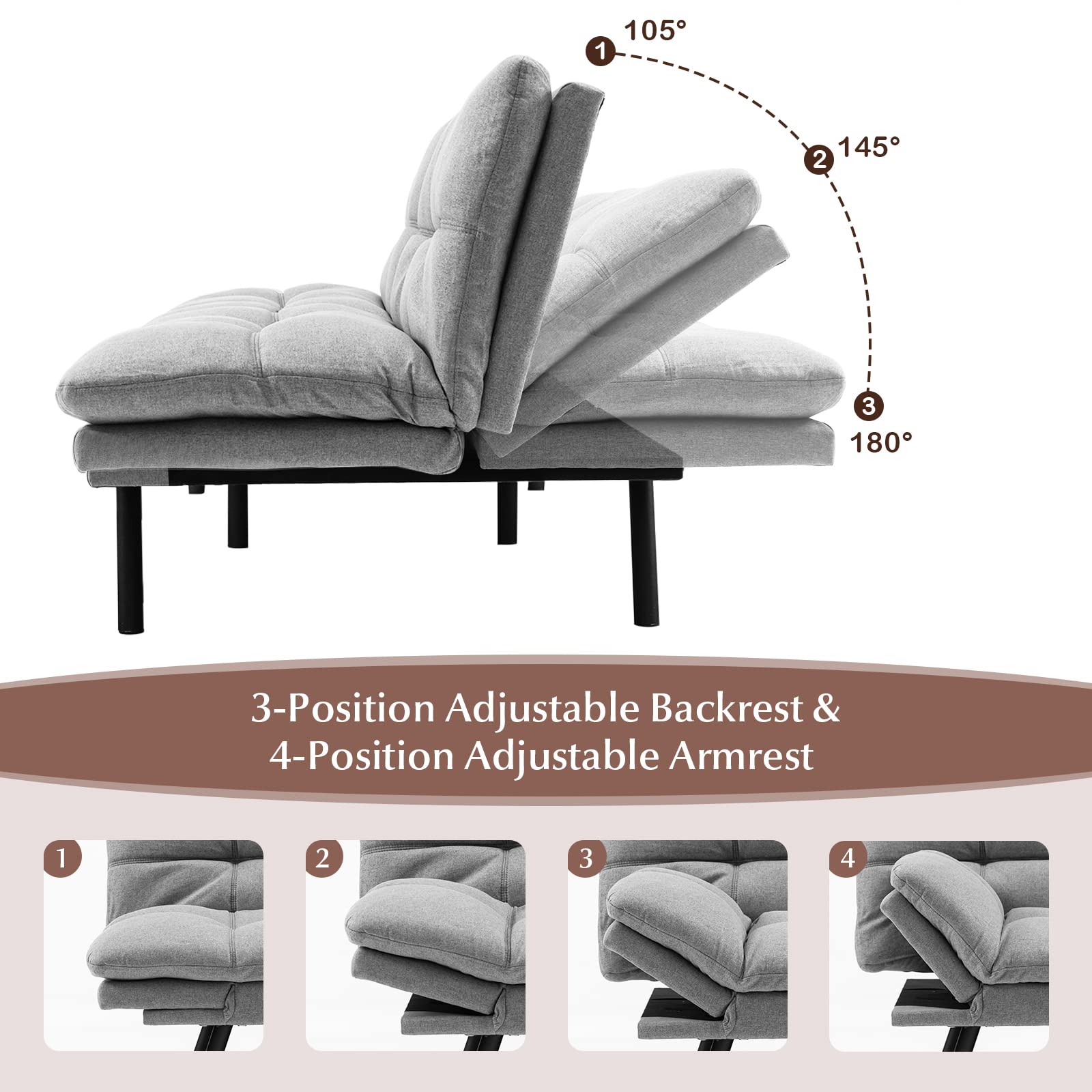 GOFLAME Convertible Sofa Bed, Memory Foam Futon Sofa Bed with Adjustable Backrest & Armrests, 6 Metal Legs, Upholstered Folding Couch Sleeper for Small Apartment, Living Room, Bedroom, Office (Grey)