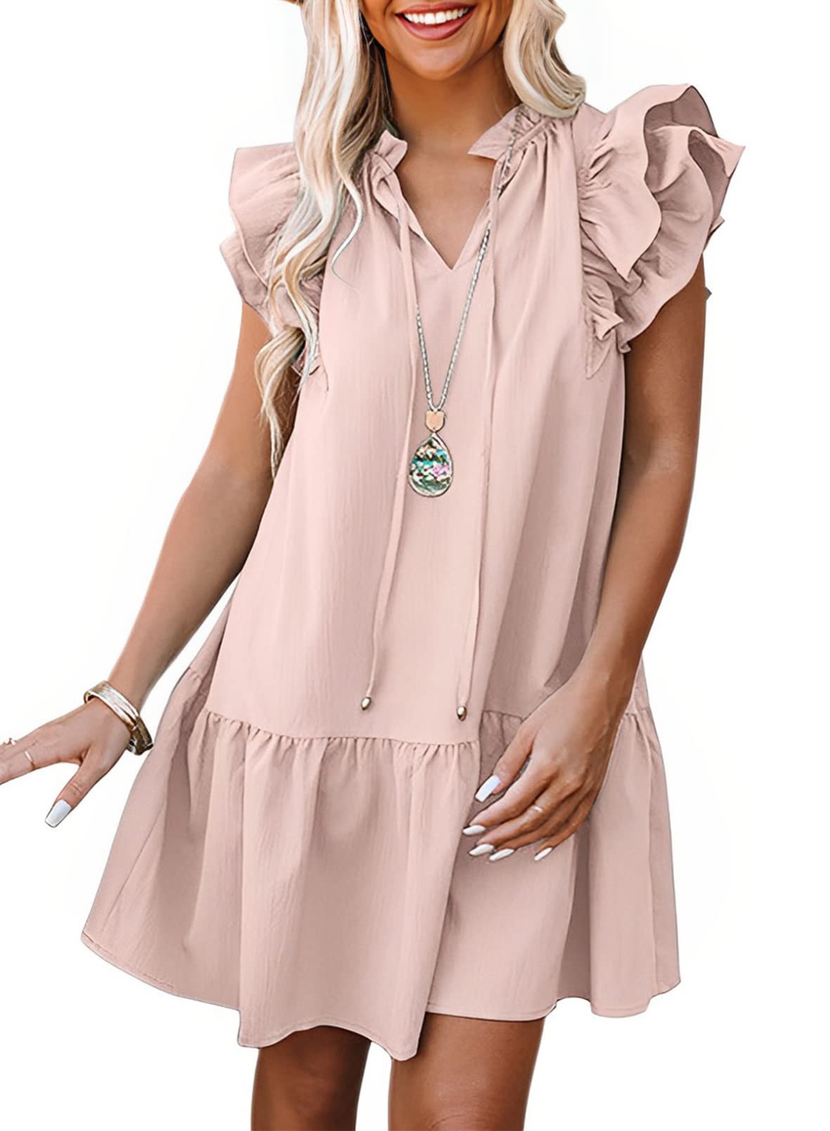 Dokotoo Spring Summer Dresses for Women 2025 Casual Sleeveless V-Neck Ruffle Pockets Lightweight Swing Tunic Dress Solid Color Mini Ladies Dresses Sun Dresses Vacation Holiday Sundress Pink Large