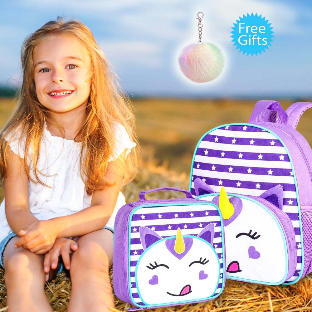 FTJCF 3PCS Toddler Backpack for Girls, 12" Unicorn Kindergarten Bookbag, Preschool Kids School Bag with Lunch Box - Purple