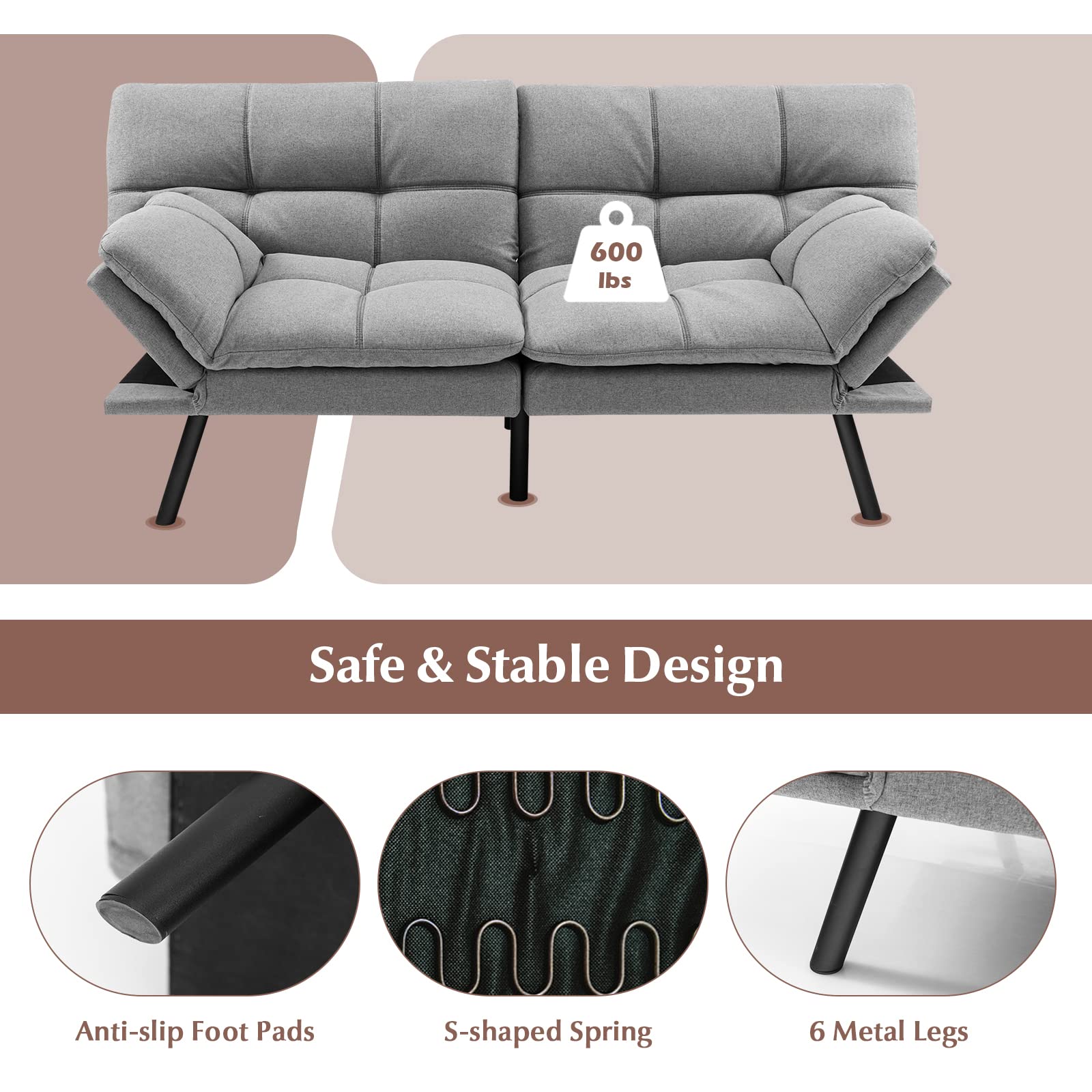 GOFLAME Convertible Sofa Bed, Memory Foam Futon Sofa Bed with Adjustable Backrest & Armrests, 6 Metal Legs, Upholstered Folding Couch Sleeper for Small Apartment, Living Room, Bedroom, Office (Grey)
