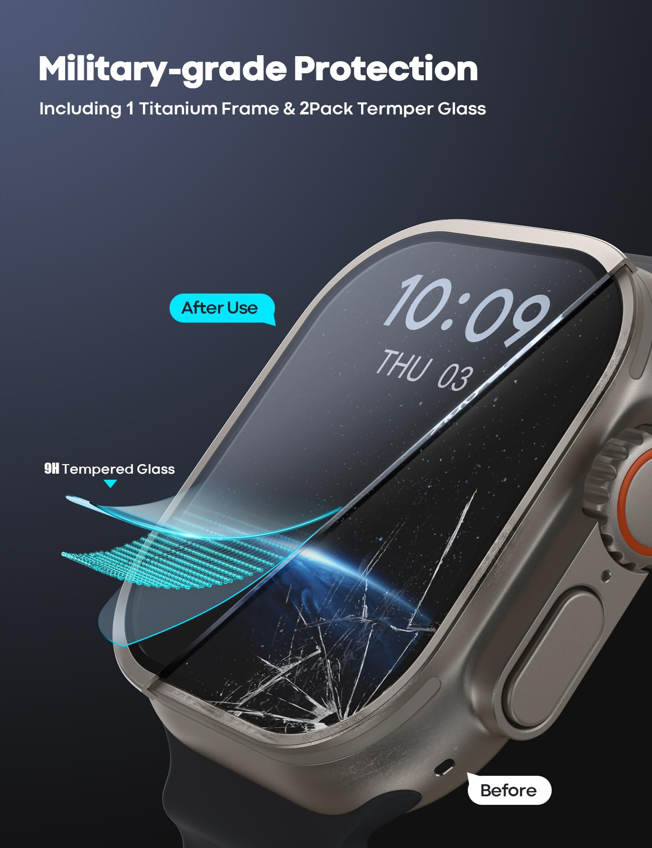 Lamicall [Titanium Alloy Frame Screen Protector for Apple Watch Ultra 49mm, 2 Pack 9H Tempered Glass Film with Easy Alignment Tool Kit, Full Coverage Protective Waterproof Case for iwatch Ultra 2022
