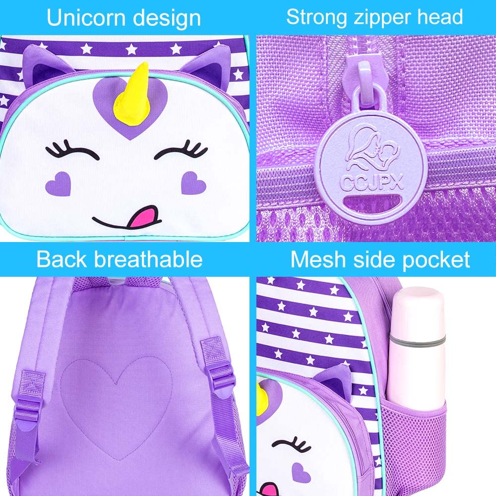 FTJCF 3PCS Toddler Backpack for Girls, 12" Unicorn Kindergarten Bookbag, Preschool Kids School Bag with Lunch Box - Purple