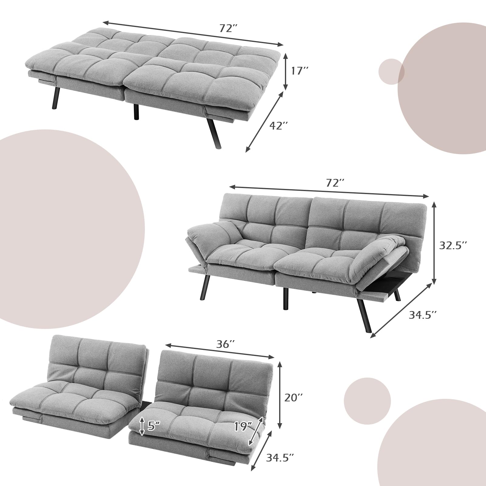 GOFLAME Convertible Sofa Bed, Memory Foam Futon Sofa Bed with Adjustable Backrest & Armrests, 6 Metal Legs, Upholstered Folding Couch Sleeper for Small Apartment, Living Room, Bedroom, Office (Grey)