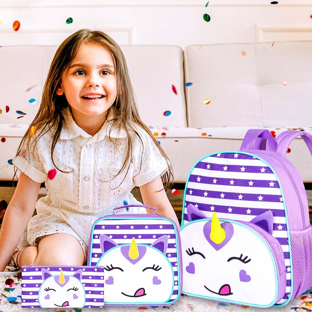 FTJCF 3PCS Toddler Backpack for Girls, 12" Unicorn Kindergarten Bookbag, Preschool Kids School Bag with Lunch Box - Purple