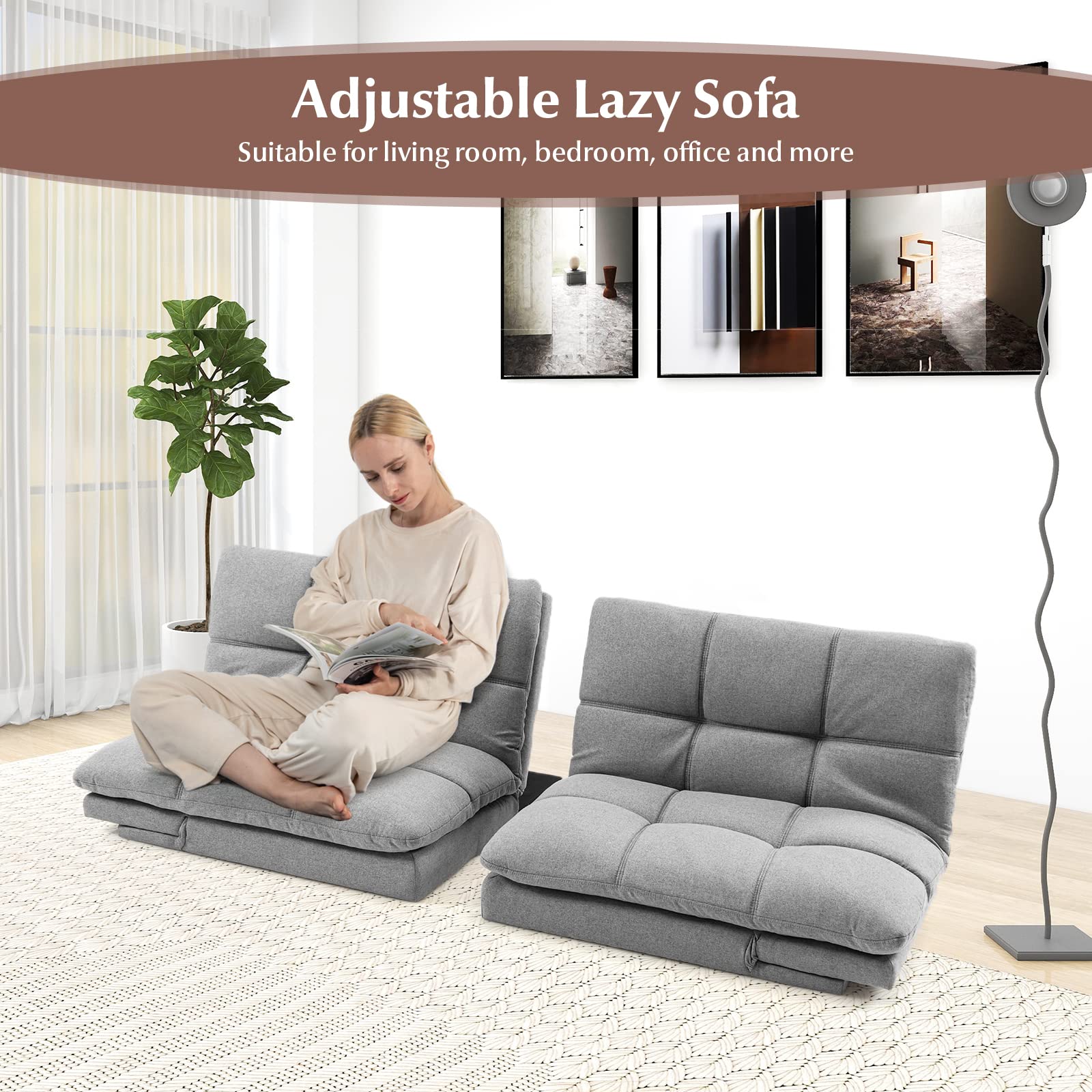 GOFLAME Convertible Sofa Bed, Memory Foam Futon Sofa Bed with Adjustable Backrest & Armrests, 6 Metal Legs, Upholstered Folding Couch Sleeper for Small Apartment, Living Room, Bedroom, Office (Grey)