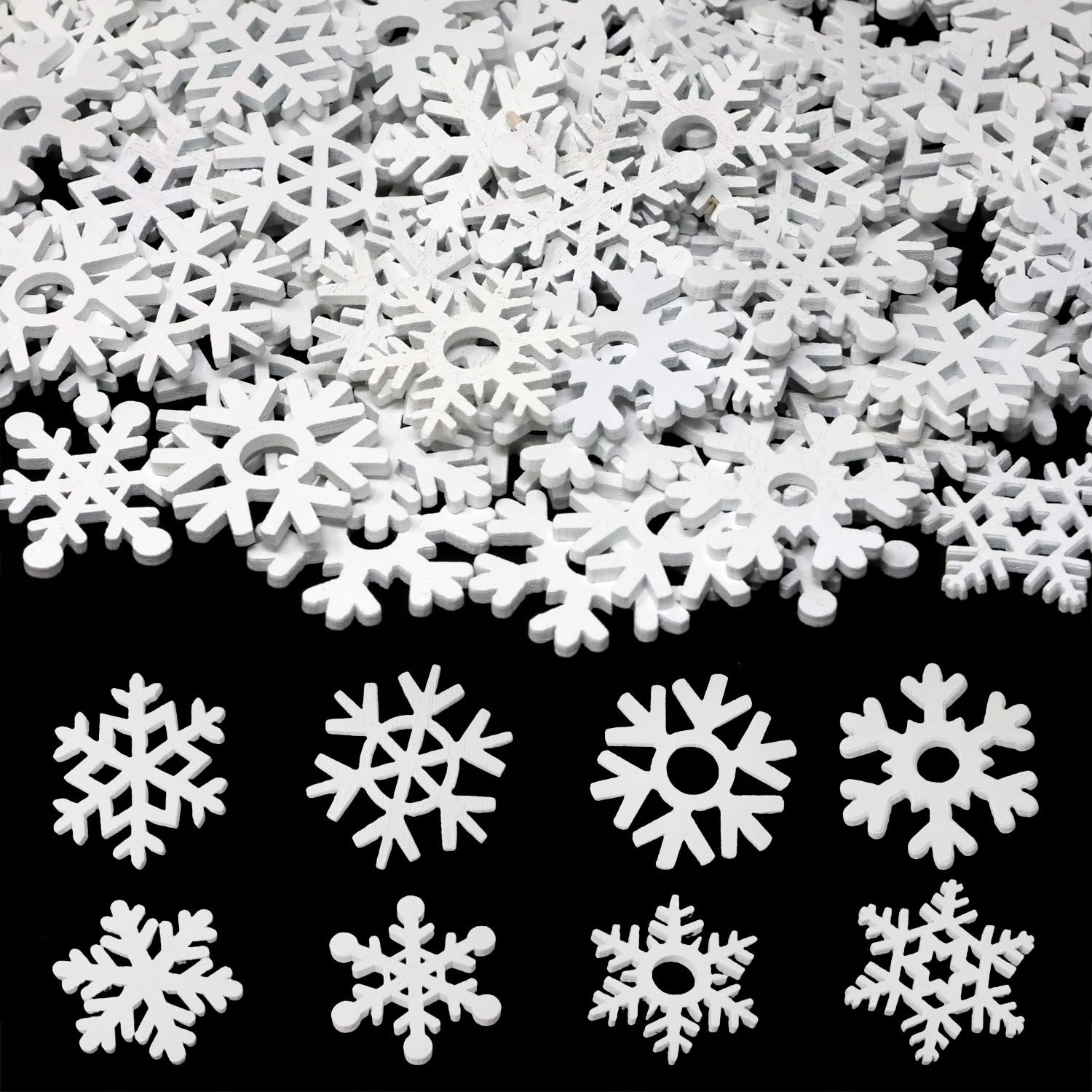 Honbay 100PCS Christmas Snowflakes Wood Slices Snowflake Wooden Embellishments Ornaments for Winter Xmas Tree Craft Decorations