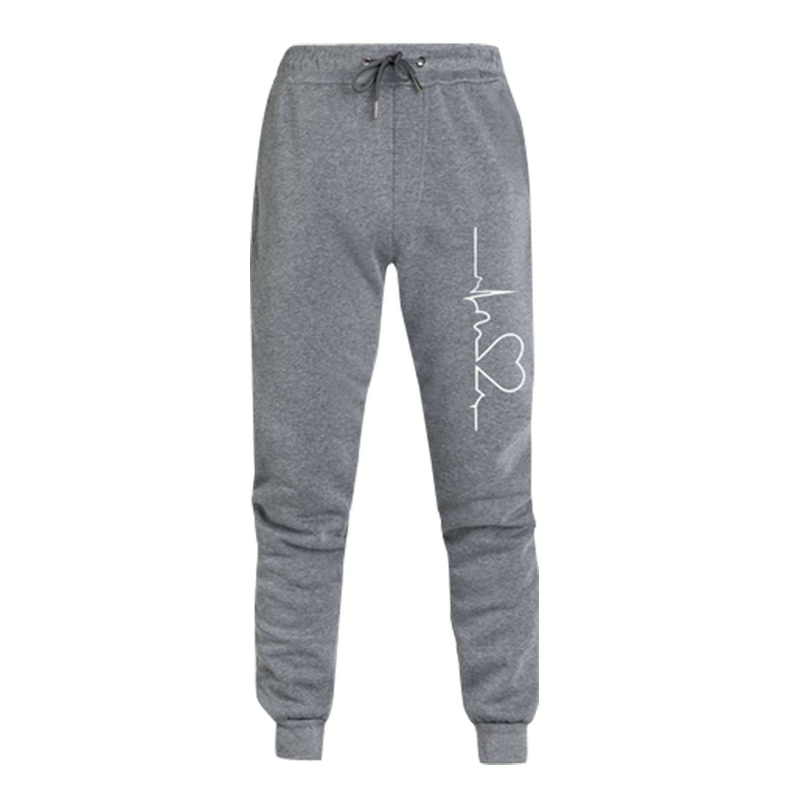 Women's Trendy Sports Pants Heartbeat Print Solid Elastic Waisted Drawstring Sherpa Lined Running Athletic Trousers