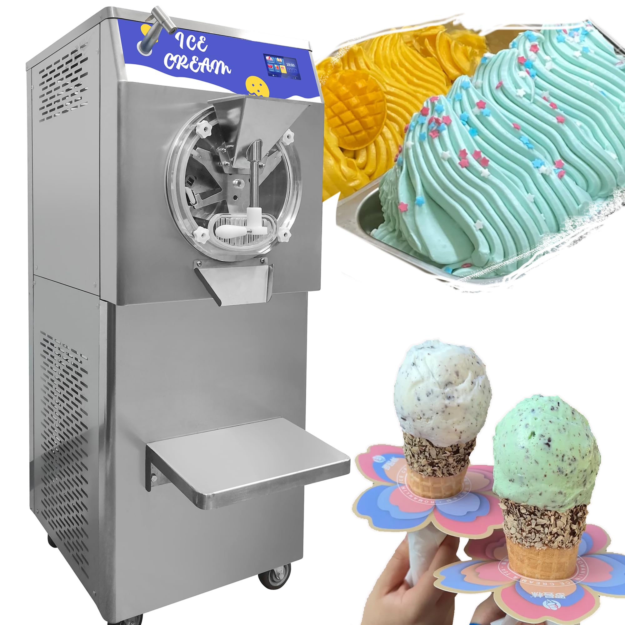 Mvckyi Commercial Hard Ice Cream Machine with faucet, 60L/H Gelato Hard Serve Ice Cream Maker with Digital Control Panel, Frozen Fruit Yogurt Batch Freezer for Restaurant Snack Bar Cafe, 3000W