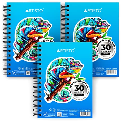 Artisto Watercolor Pads 5.5x8.5”, Pack of 3 (90 Sheets), Spiral Bound, Acid-Free Paper, 140lb (300gsm), Perfect for Most Wet & Dry Media, Ideal for Beginners, Artists & Professionals