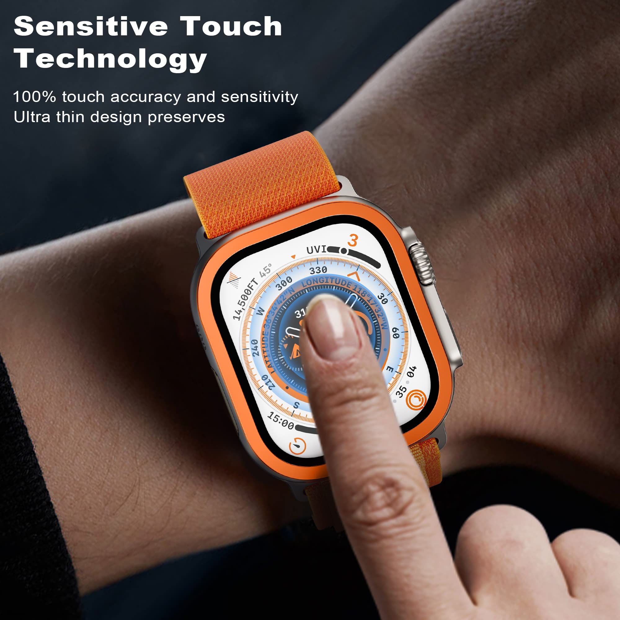 WSKEN for Apple Watch Ultra Screen Protector 49mm, 9H Tempered Glass + Titanium Alloy Frame, Lightweight Protective Glass Film for iWatch Ultra 2 Pack, Orange