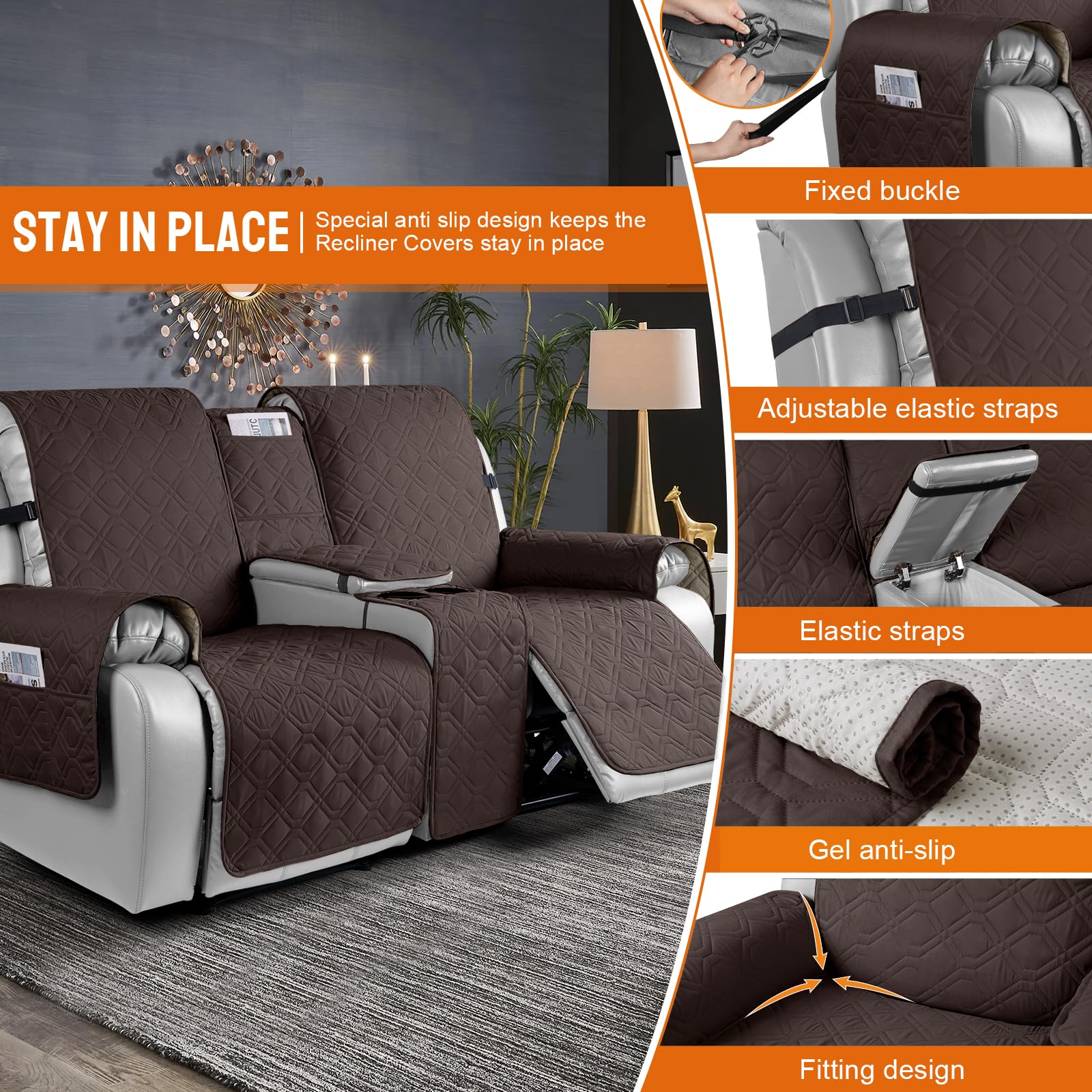 VANSOFY Loveseat Recliner Cover with Console 100% Waterproof Sofa Slipcovers Non-Slip Reclining Couch Covers Split Sofa Cover Furniture Protector for Pets, Dogs(Chocolate)