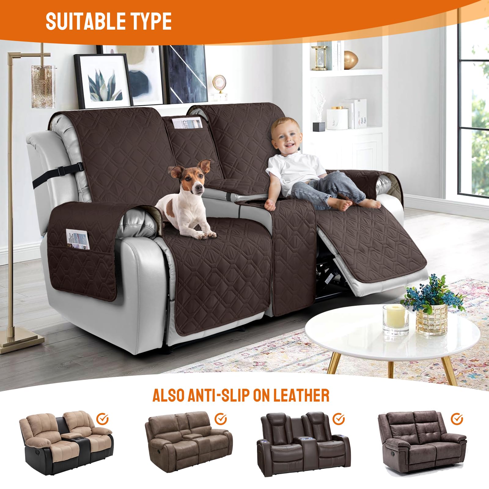 VANSOFY Loveseat Recliner Cover with Console 100% Waterproof Sofa Slipcovers Non-Slip Reclining Couch Covers Split Sofa Cover Furniture Protector for Pets, Dogs(Chocolate)