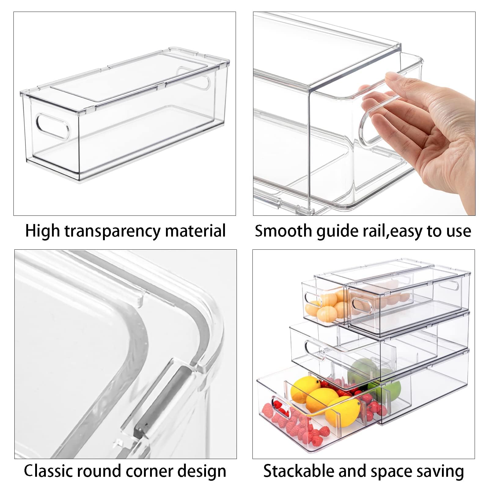 Mano Stackable Drawers Fridge Organizer Bins with Pull-out Double Handle, Clear Drawer Food Container Set Divided Refrigerator Storage Box Plastic Produce Saver for Pantry, Kitchen, Cabinet