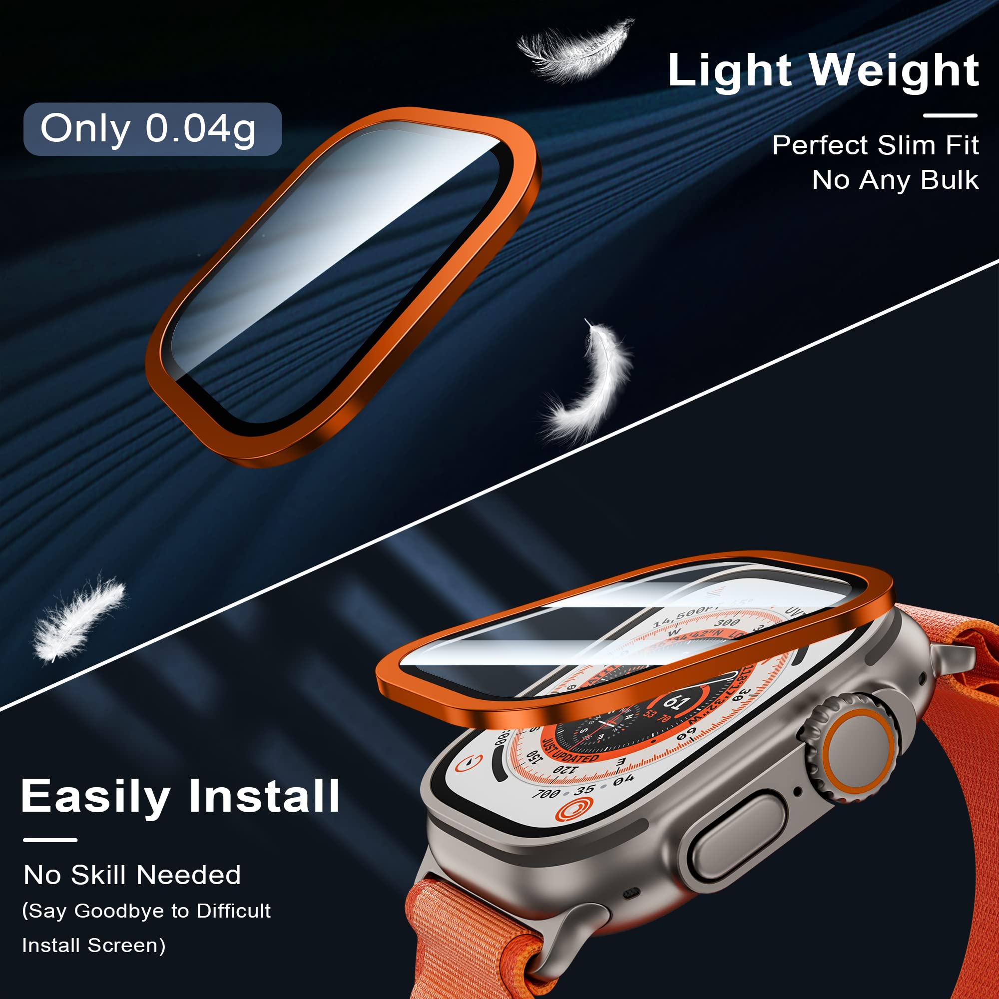 WSKEN for Apple Watch Ultra Screen Protector 49mm, 9H Tempered Glass + Titanium Alloy Frame, Lightweight Protective Glass Film for iWatch Ultra 2 Pack, Orange