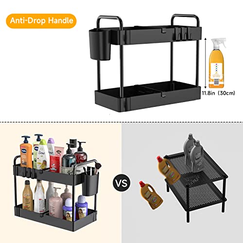 3 Pack Under Sink Organizers And Storage With Dividers,2-Tier Bathroom Organizer Under Sink,Kitchen Organization,Cabinet Organizer With Hooks,Hanging Cup,Dividers,Handles