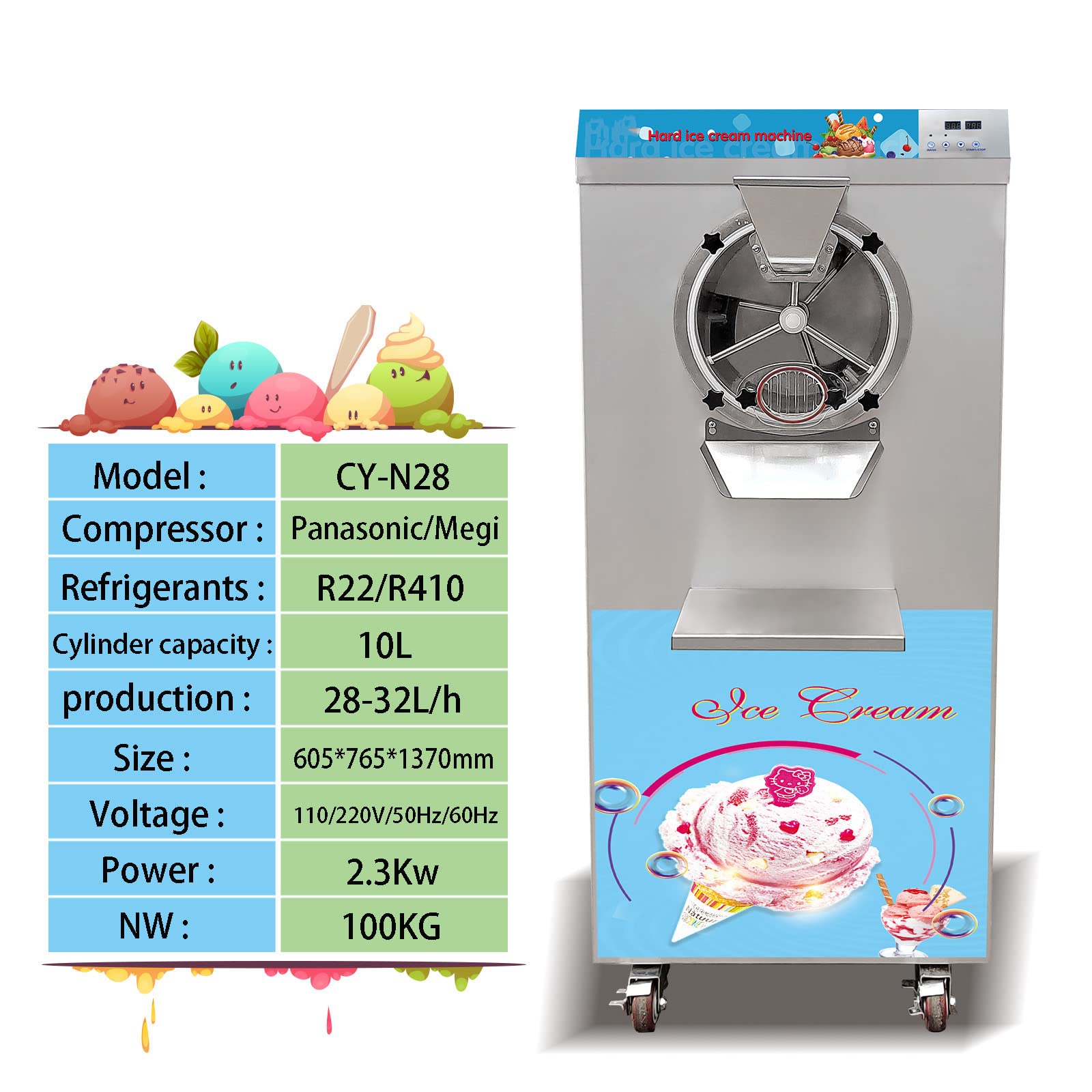 Mvckyi Commercial 40L/H Hard Ice Cream Machine, Fast Cooling Ice Cream Sorbet Making Machine, Stainless Steel Gelato Maker Machine Italian Gelato Batch Freezer for Restaurant Kitchen Equipment