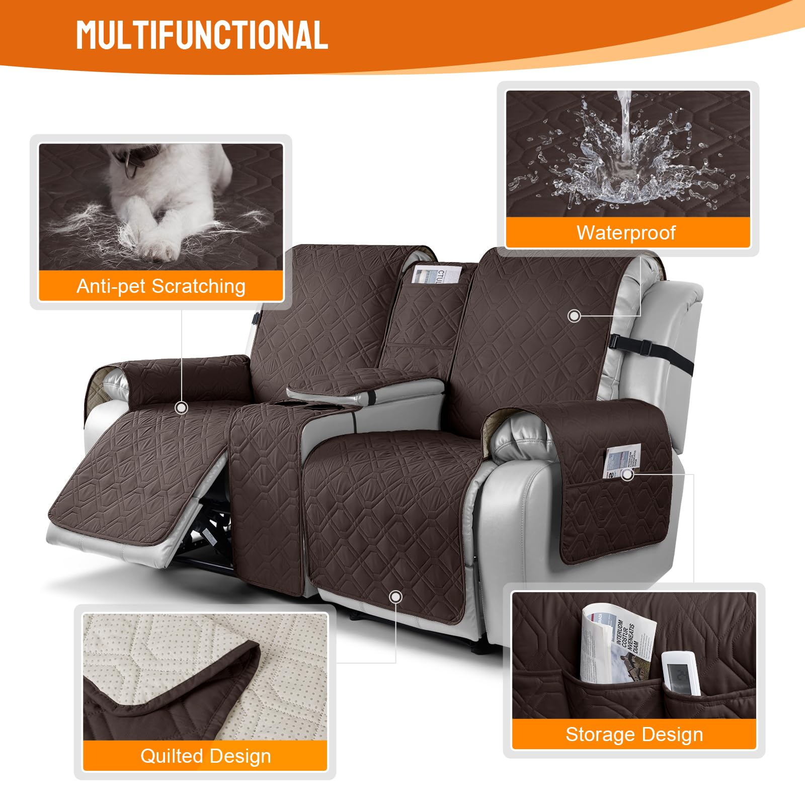 VANSOFY Loveseat Recliner Cover with Console 100% Waterproof Sofa Slipcovers Non-Slip Reclining Couch Covers Split Sofa Cover Furniture Protector for Pets, Dogs(Chocolate)