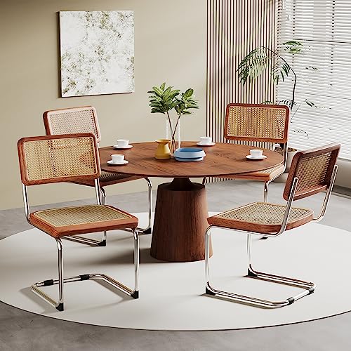 Alunaune Mid Century Modern Dining Chairs Set of 4, Upholstered Natural Rattan Kitchen Chairs Accent Chair, Armless Side Chairs with Metal Chrome Legs for Bedroom Living Room-Rattan Seat