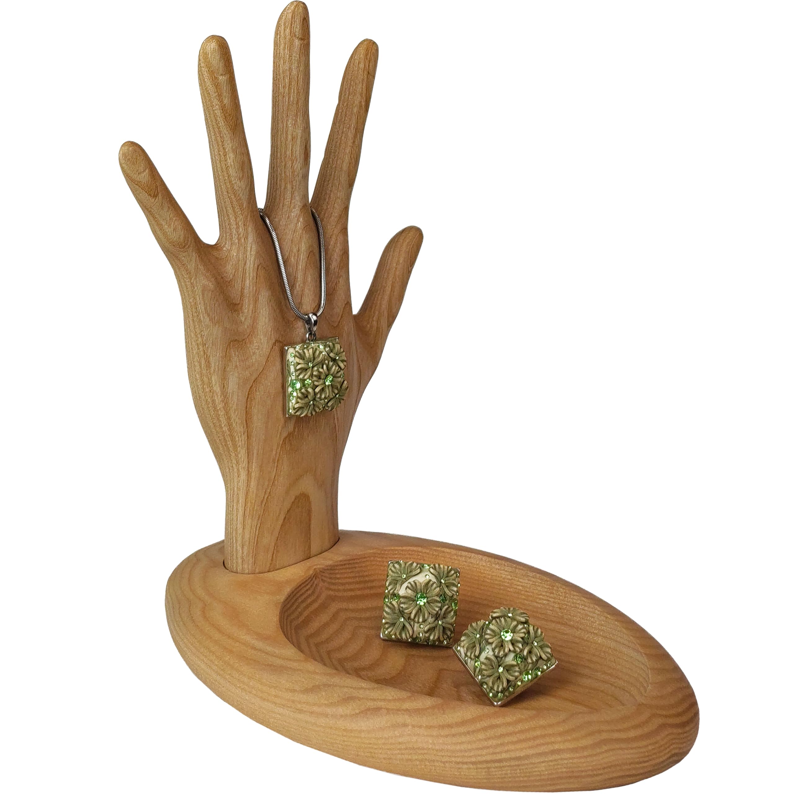 Wood Wedge Earring Holder Organizer, Jewelry Organizer with Hand-Shaped Stand for rings, watches, necklace, clearance items, Gift Wife Anniversary Birthday Graduation, 8,5''x8,8'' (Natural)
