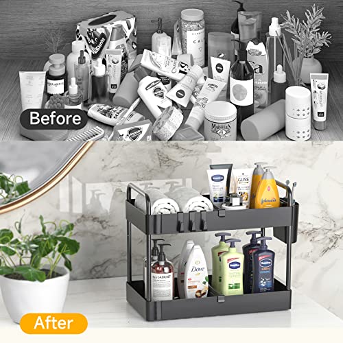 3 Pack Under Sink Organizers And Storage With Dividers,2-Tier Bathroom Organizer Under Sink,Kitchen Organization,Cabinet Organizer With Hooks,Hanging Cup,Dividers,Handles