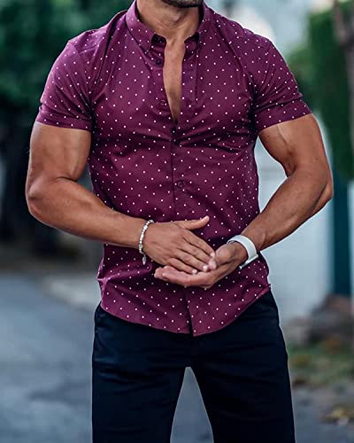 Mens Polka Dot Shirt Muscle Fit Button Down Short Sleeve Button Up Dress Shirts Purple S